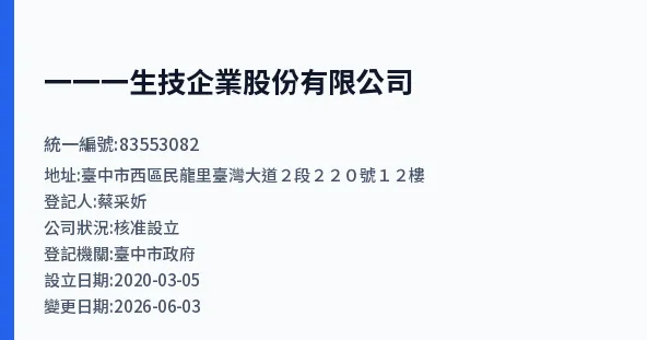 一一一生技企業股份有限公司的照片-統編 83553082(臺中市) 公司登記資料與營業項目詳細圖表