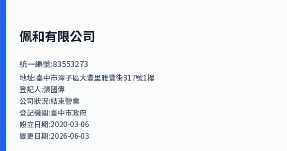 佩和有限公司的照片-統編 83553273(臺中市) 公司登記資料與營業項目詳細圖表
