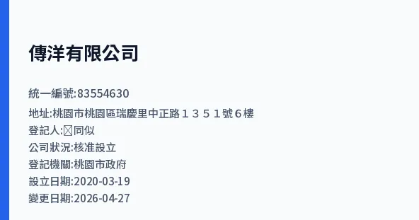 傳洋有限公司的照片-統編 83554630(桃園市) 公司登記資料與營業項目詳細圖表