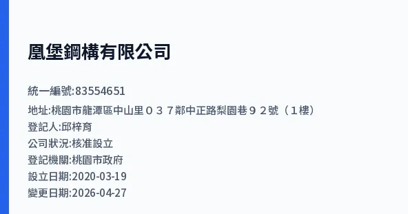 凰堡鋼構有限公司的照片-統編 83554651(桃園市) 公司登記資料與營業項目詳細圖表