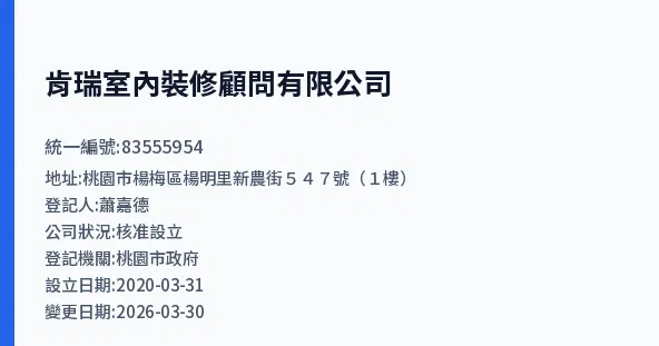 肯瑞室內裝修顧問有限公司的照片-統編 83555954(桃園市) 公司登記資料與營業項目詳細圖表