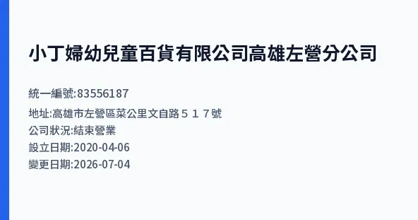 小丁婦幼兒童百貨有限公司高雄左營分公司的照片-統編 83556187(高雄市) 公司登記資料與營業項目詳細圖表