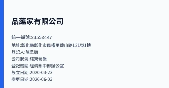 品藴家有限公司的照片-統編 83558447(彰化縣) 公司登記資料與營業項目詳細圖表