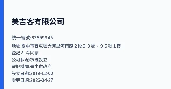美吉客有限公司的照片-統編 83559945(臺中市) 公司登記資料與營業項目詳細圖表
