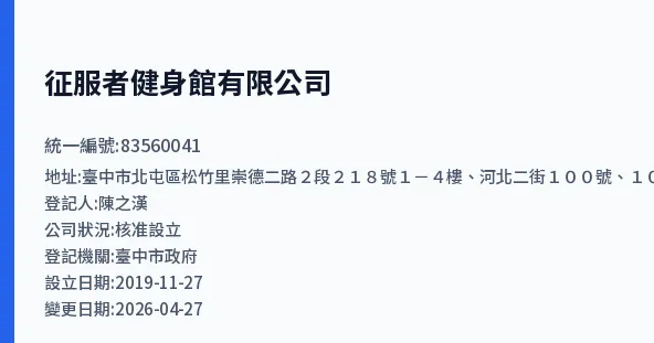 征服者健身館有限公司的照片-統編 83560041(臺中市) 公司登記資料與營業項目詳細圖表