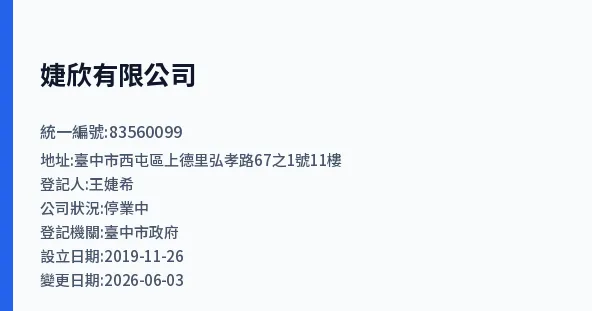 婕欣有限公司的照片-統編 83560099(臺中市) 公司登記資料與營業項目詳細圖表