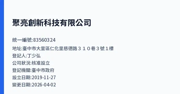 聚亮創新科技有限公司的照片-統編 83560324(臺中市) 公司登記資料與營業項目詳細圖表