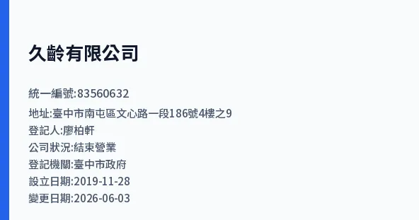 久齡有限公司的照片-統編 83560632(臺中市) 公司登記資料與營業項目詳細圖表