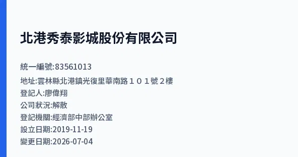 北港秀泰影城股份有限公司的照片-統編 83561013(雲林縣) 公司登記資料與營業項目詳細圖表