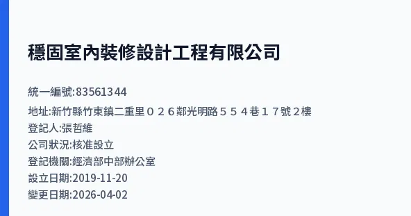 穩固室內裝修設計工程有限公司的照片-統編 83561344(新竹縣) 公司登記資料與營業項目詳細圖表