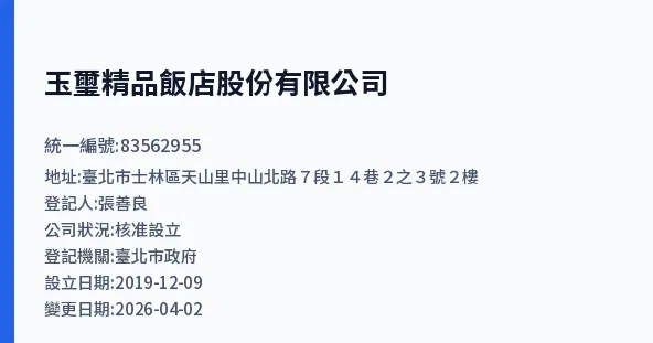 玉璽精品飯店股份有限公司的照片-統編 83562955(臺北市) 公司登記資料與營業項目詳細圖表