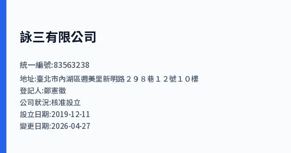 詠三有限公司的照片-統編 83563238(臺北市) 公司登記資料與營業項目詳細圖表