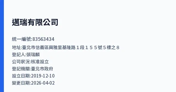 邁瑞有限公司的照片-統編 83563434(臺北市) 公司登記資料與營業項目詳細圖表