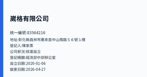 崴格有限公司的照片-統編 83564216(彰化縣) 公司登記資料與營業項目詳細圖表