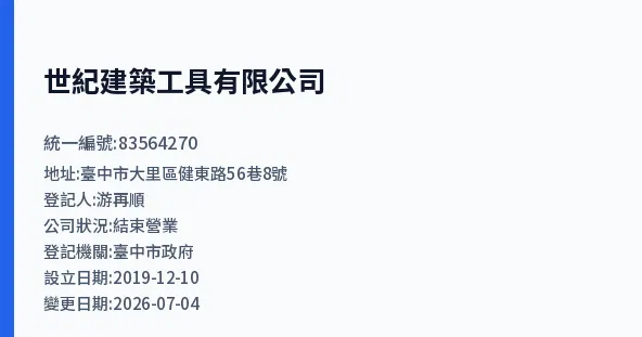 世紀建築工具有限公司的照片-統編 83564270(臺中市) 公司登記資料與營業項目詳細圖表