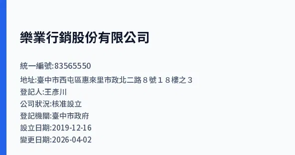 樂業行銷股份有限公司的照片-統編 83565550(臺中市) 公司登記資料與營業項目詳細圖表