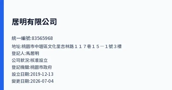 居明有限公司的照片-統編 83565968(桃園市) 公司登記資料與營業項目詳細圖表