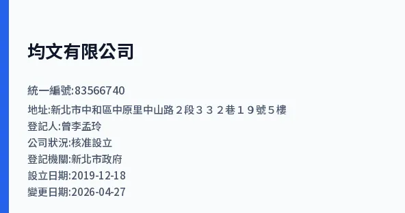 均文有限公司的照片-統編 83566740(新北市) 公司登記資料與營業項目詳細圖表