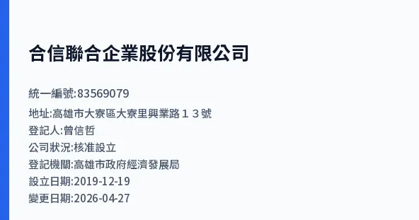 合信聯合企業股份有限公司的照片-統編 83569079(高雄市) 公司登記資料與營業項目詳細圖表