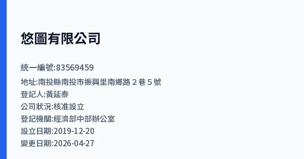 悠圖有限公司的照片-統編 83569459(南投縣) 公司登記資料與營業項目詳細圖表