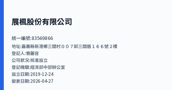 展楓股份有限公司的照片-統編 83569866(嘉義縣) 公司登記資料與營業項目詳細圖表