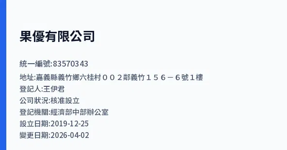 果優有限公司的照片-統編 83570343(嘉義縣) 公司登記資料與營業項目詳細圖表