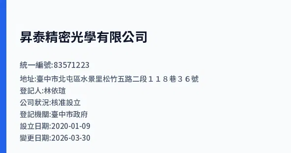 昇泰精密光學有限公司的照片-統編 83571223(臺中市) 公司登記資料與營業項目詳細圖表