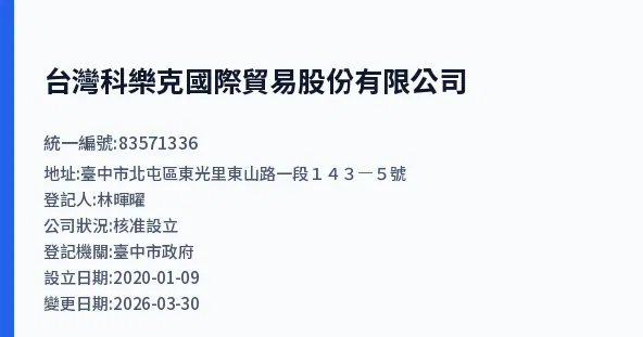 台灣科樂克國際貿易股份有限公司的照片-統編 83571336(臺中市) 公司登記資料與營業項目詳細圖表