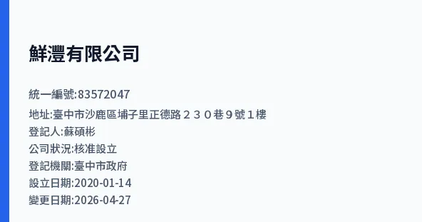 鮮灃有限公司的照片-統編 83572047(臺中市) 公司登記資料與營業項目詳細圖表