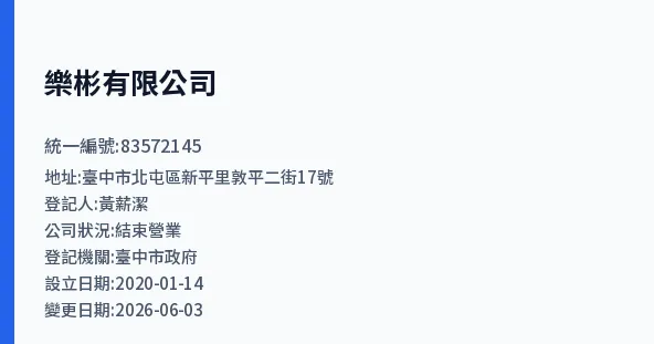 樂彬有限公司的照片-統編 83572145(臺中市) 公司登記資料與營業項目詳細圖表