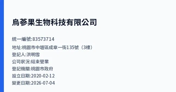 烏蔘果生物科技有限公司的照片-統編 83573714(桃園市) 公司登記資料與營業項目詳細圖表