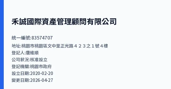 禾誠國際資產管理顧問有限公司的照片-統編 83574707(桃園市) 公司登記資料與營業項目詳細圖表