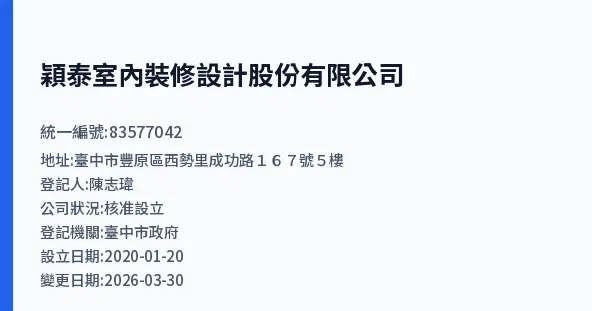 穎泰室內裝修設計股份有限公司的照片-統編 83577042(臺中市) 公司登記資料與營業項目詳細圖表