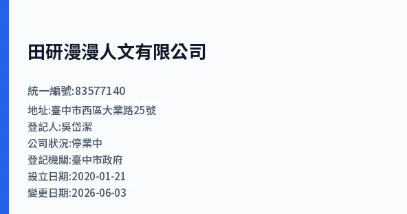 田研漫漫人文有限公司的照片-統編 83577140(臺中市) 公司登記資料與營業項目詳細圖表