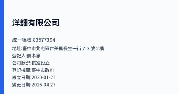 洋鈿有限公司的照片-統編 83577394(臺中市) 公司登記資料與營業項目詳細圖表