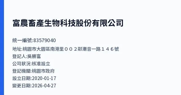 富農畜產生物科技股份有限公司的照片-統編 83579040(桃園市) 公司登記資料與營業項目詳細圖表