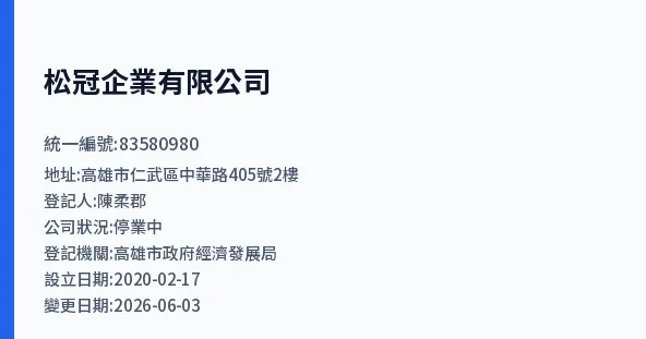 松冠企業有限公司的照片-統編 83580980(高雄市) 公司登記資料與營業項目詳細圖表