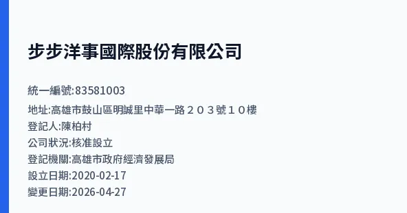 步步洋事國際股份有限公司的照片-統編 83581003(高雄市) 公司登記資料與營業項目詳細圖表