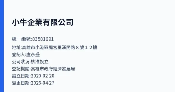 小牛企業有限公司的照片-統編 83581691(高雄市) 公司登記資料與營業項目詳細圖表