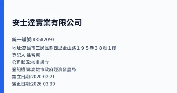 安士達實業有限公司的照片-統編 83582093(高雄市) 公司登記資料與營業項目詳細圖表