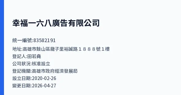 幸福一六八廣告有限公司的照片-統編 83582191(高雄市) 公司登記資料與營業項目詳細圖表