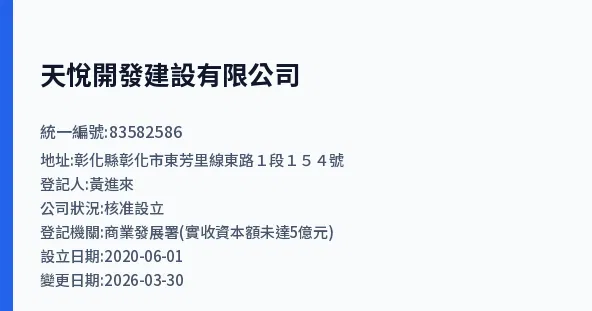 天悅開發建設有限公司的照片-統編 83582586(彰化縣) 公司登記資料與營業項目詳細圖表