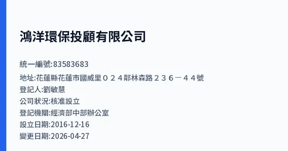 鴻洋環保投顧有限公司的照片-統編 83583683(花蓮縣) 公司登記資料與營業項目詳細圖表