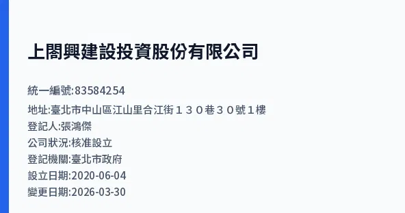 上閤興建設投資股份有限公司的照片-統編 83584254(臺北市) 公司登記資料與營業項目詳細圖表