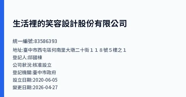 生活裡的笑容設計股份有限公司的照片-統編 83586393(臺中市) 公司登記資料與營業項目詳細圖表