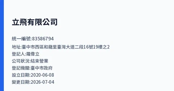 立飛有限公司的照片-統編 83586794(臺中市) 公司登記資料與營業項目詳細圖表