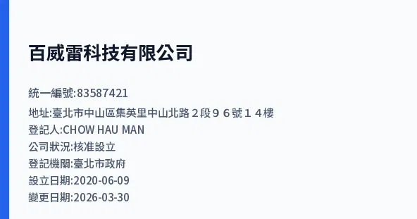 百威雷科技有限公司的照片-統編 83587421(臺北市) 公司登記資料與營業項目詳細圖表