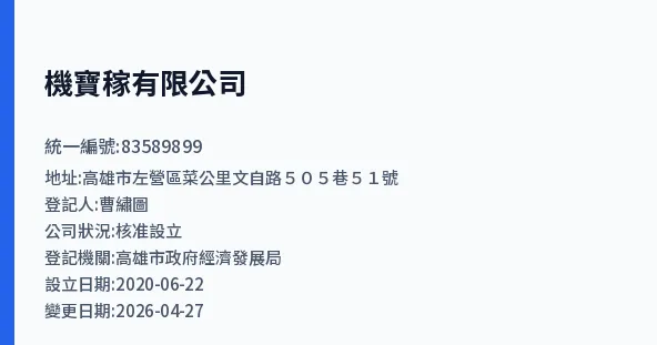 機寶稼有限公司的照片-統編 83589899(高雄市) 公司登記資料與營業項目詳細圖表