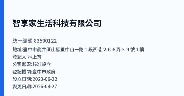 智享家生活科技有限公司的照片-統編 83590122(臺中市) 公司登記資料與營業項目詳細圖表