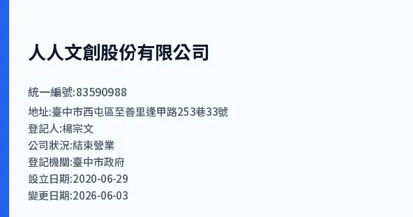 人人文創股份有限公司的照片-統編 83590988(臺中市) 公司登記資料與營業項目詳細圖表